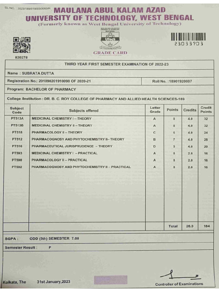 5th and 6th Sem Marksheet | PDF