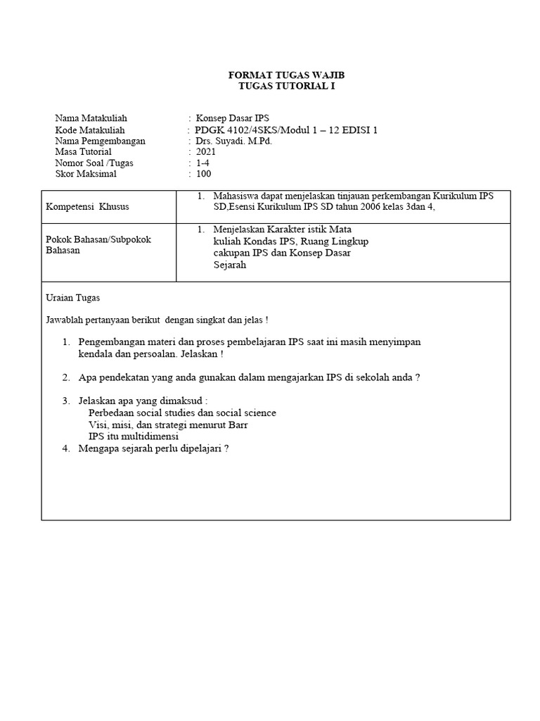 TUGAS TUTORIAL 1 PDGK4102 - Konsep Dasar IPS | PDF | Karier & Perkembangan