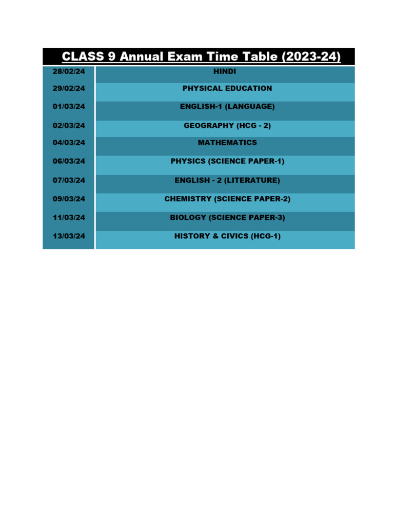 Class 9 Exam Schedule 2023-24 | PDF