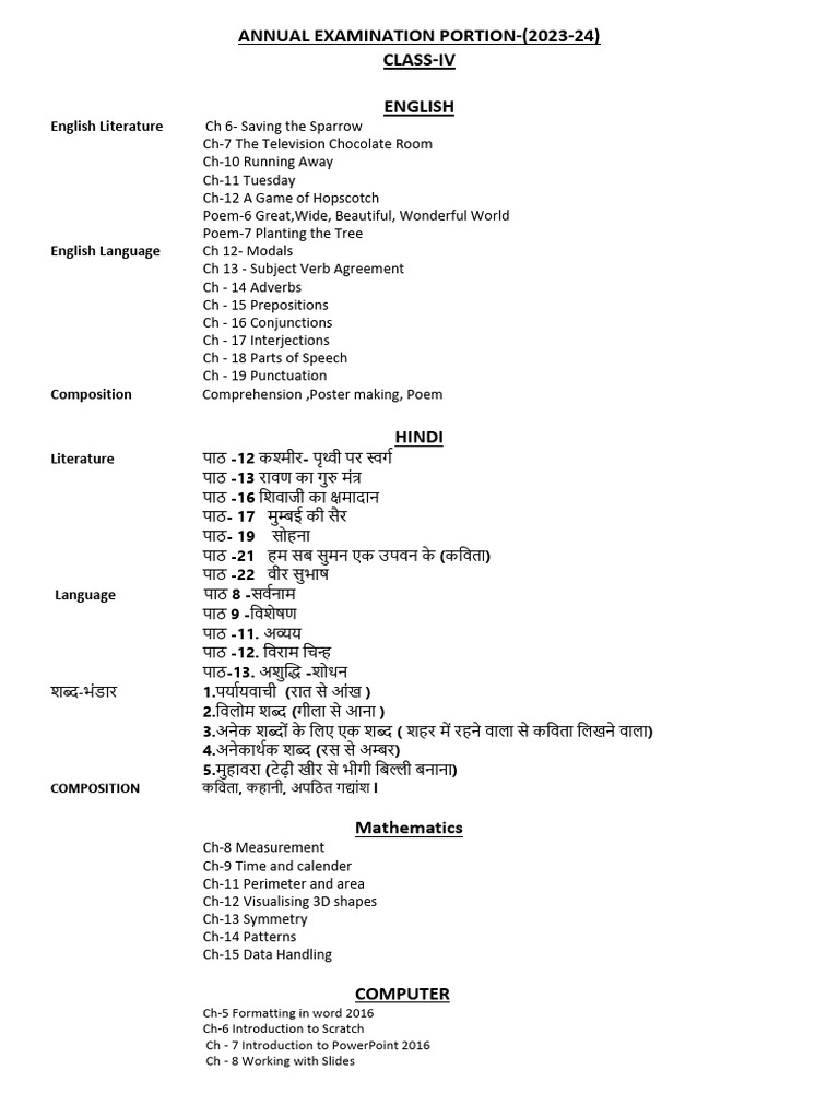 Class-Iv (Annual Exam Portion) - 2023-24 | PDF