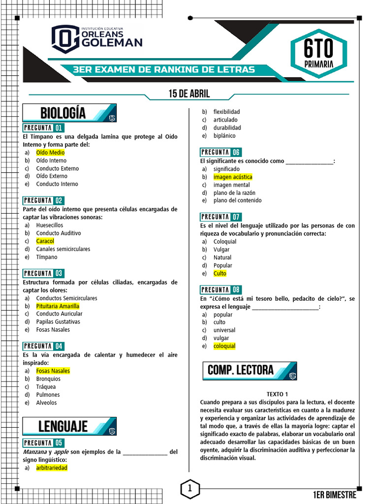 6to Primaria - 3er Examen Letras - 15 de Abril - Claves | PDF | Oído ...