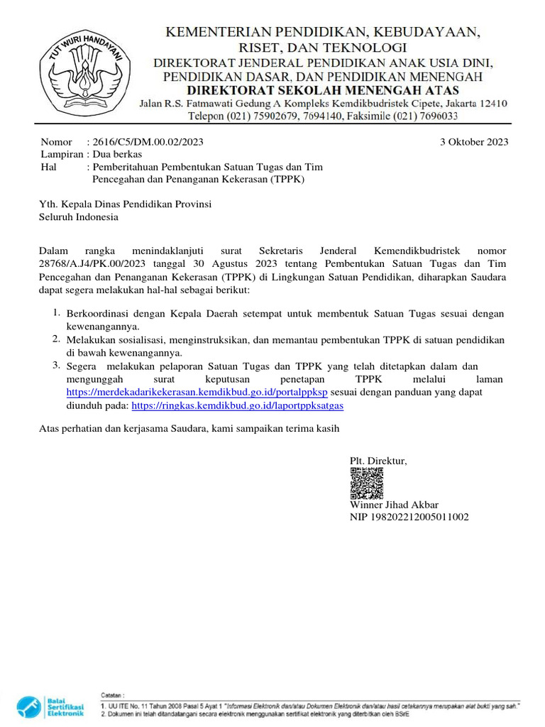 Surat Pemberitahuan Pembentukan Satuan Tugas Dan Tim Pencegahan Dan Penanganan Kekerasan (TPPK ...