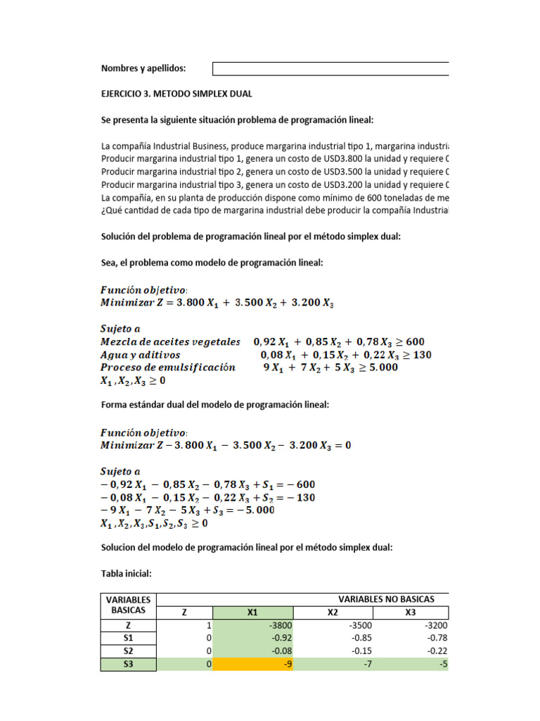 PLANTILLA EJERCICIO 3 - METODO SIMPLEX DUAL - TAREA 1 | PDF | Programación lineal | Análisis