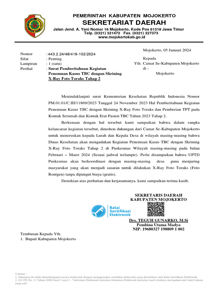 Surat Pemberitahuan Kegiatan Penemuan Kasus TBC Dengan Skrining X-Ray Foto Toraks Tahap 2 | PDF