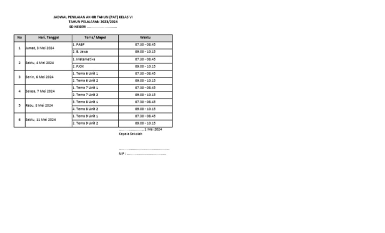 Jadwal PAT TP 2023-2024 | PDF