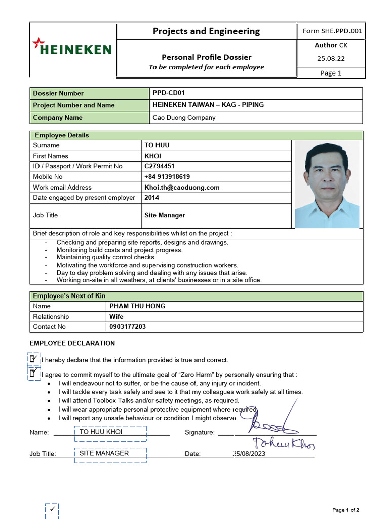 CD01-TO HUU KHOI - Personal Profile Dossier | PDF | Employment | Safety