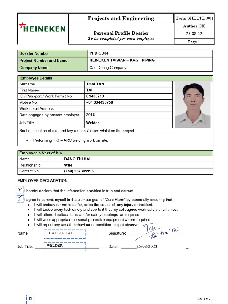 CD04-THAI TAN TAI - Personal Profile Dossier | PDF | Welding | Construction