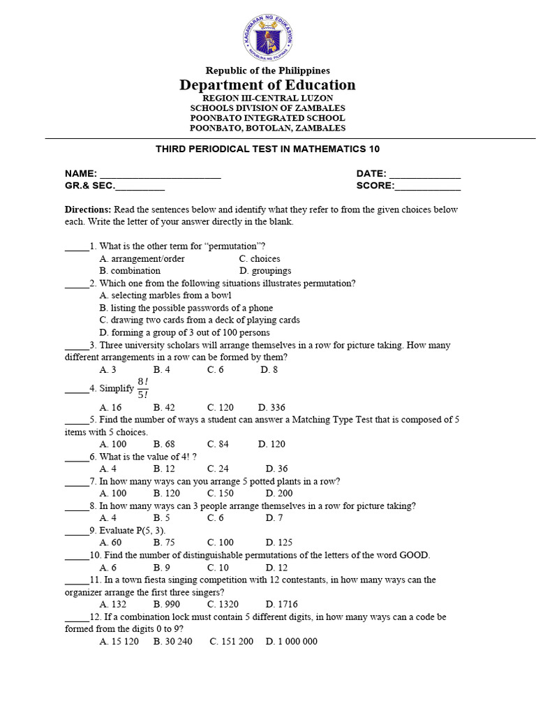 PT G10 Math | PDF | Odds | Probability