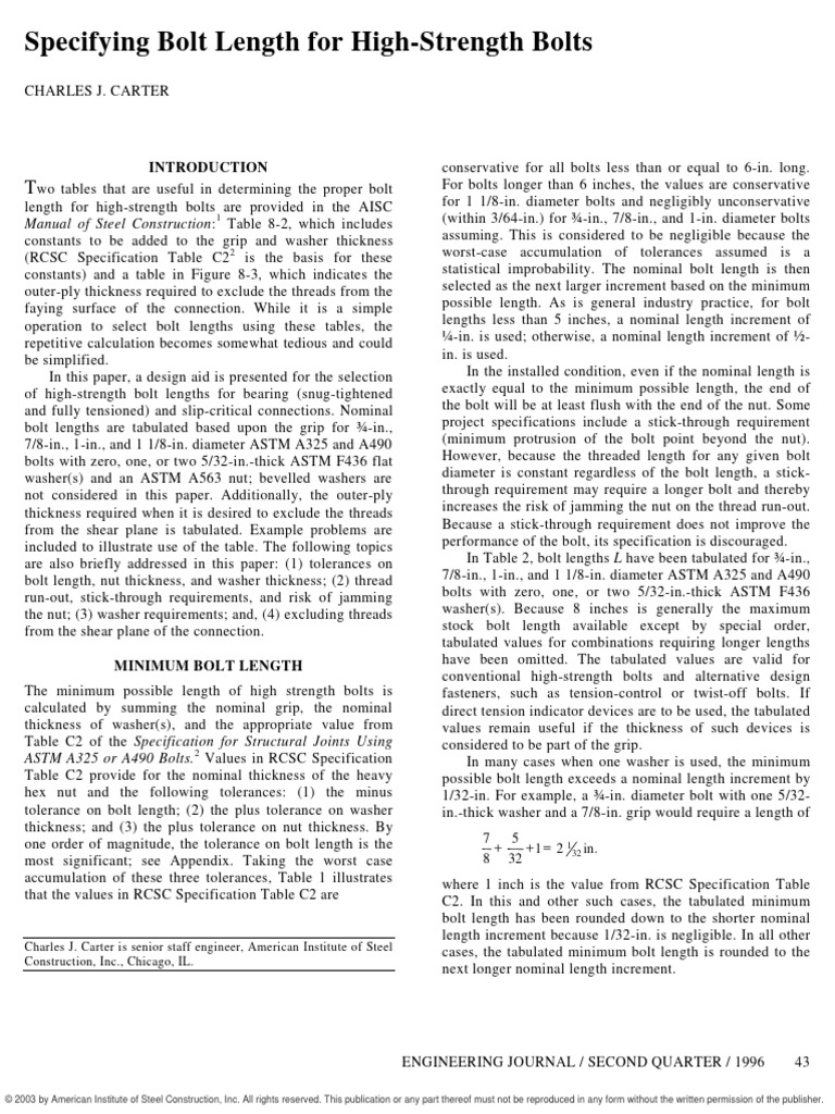 Specifying Bolt Length of High Strength Bolts | PDF | Screw | Nut ...