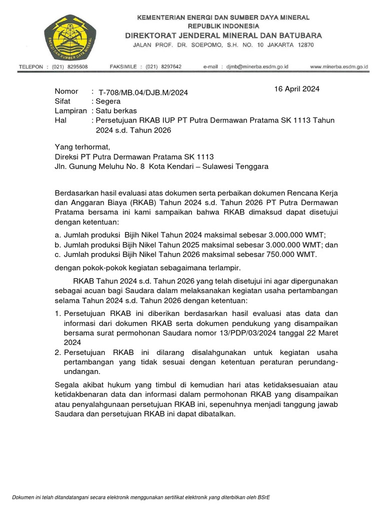 1 - Persetujuan Final RKAB 2024-2026 PT Putra Dermawan Pratama SK 1113 | PDF