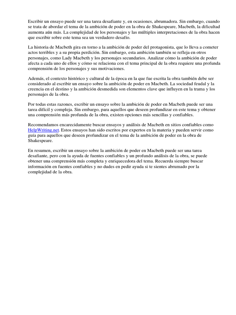 Ensayo Sobre La Ambición de Poder en Macbeth | PDF | Ensayos