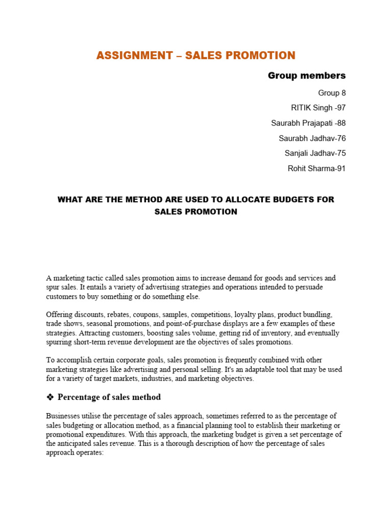 Sales Promotion Assignments | PDF | Return On Investment | Marketing