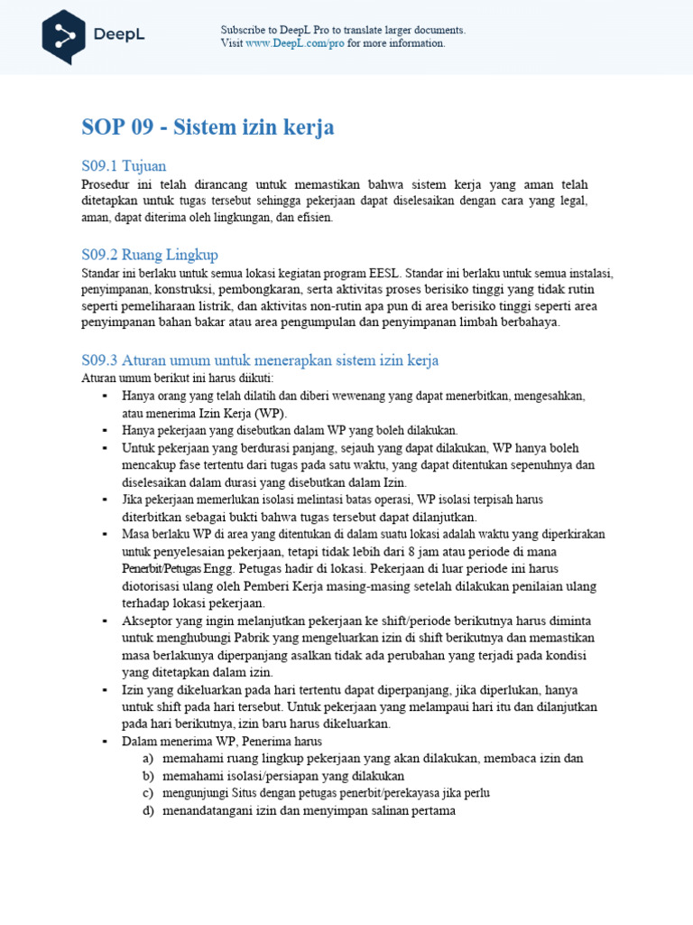 SOP 09 - Work Permit System Id | PDF | Bisnis | Teknologi & Rekayasa