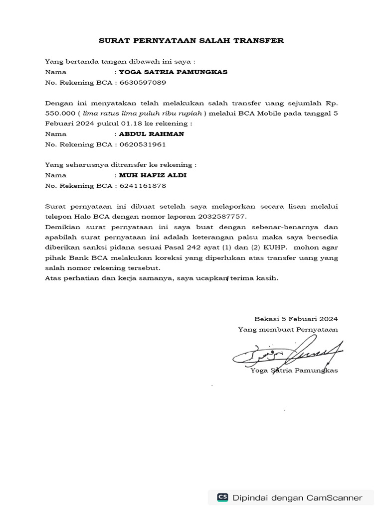 Surat Pernyataan Salah Transfer | PDF