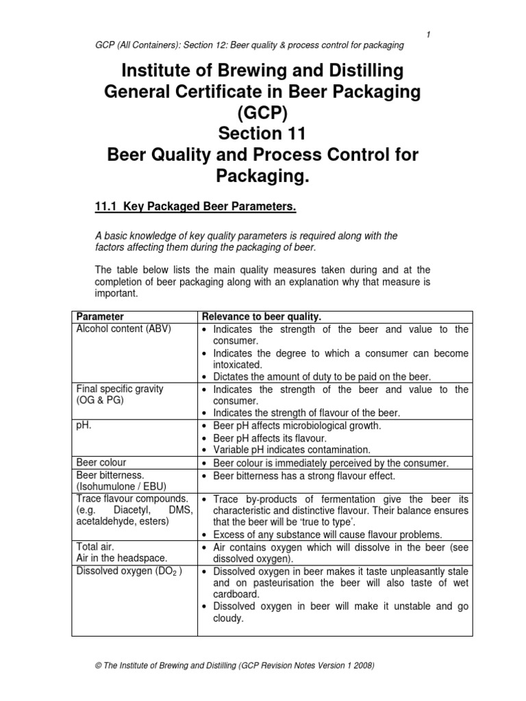 Beer Quality Parameters in Packaging | PDF | Beer | Carbon Dioxide