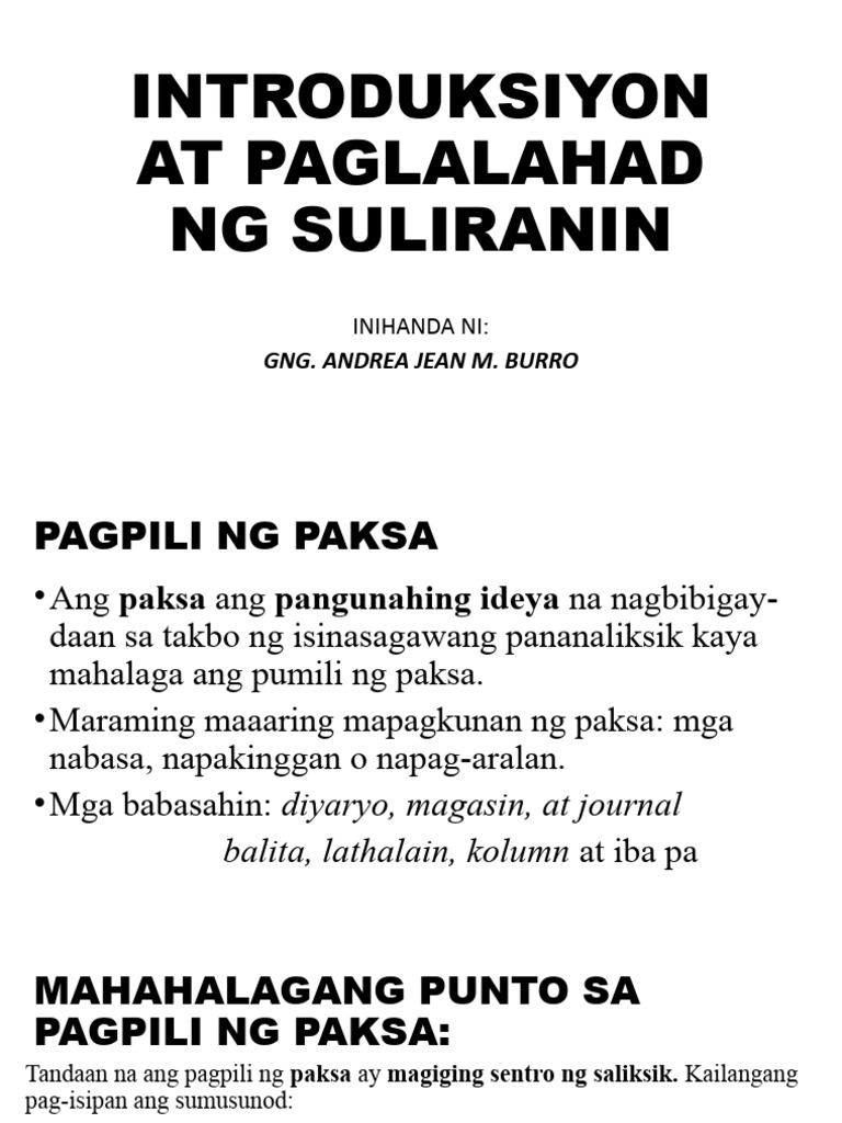 Introduksiyon at Paglalahad NG Suliranin | PDF Introduksiyon at Paglalahad NG Suliranin | PDF