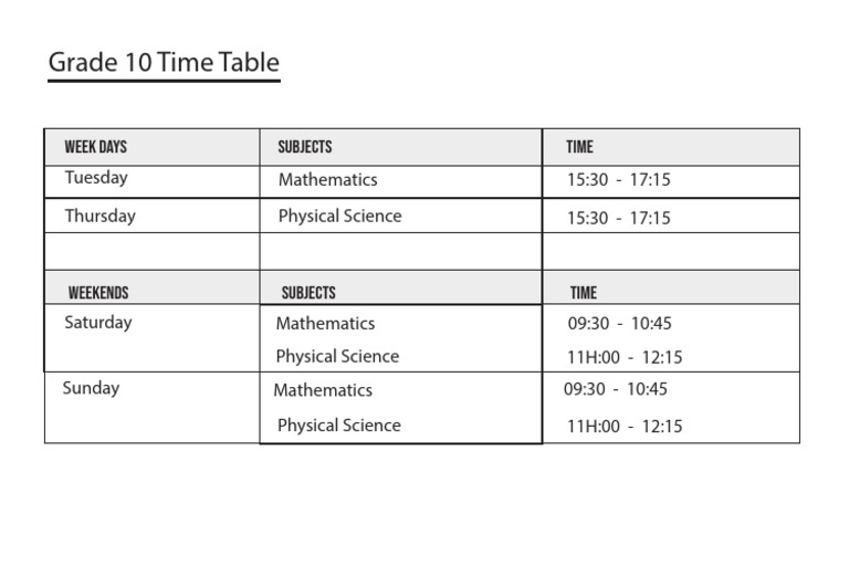 Time Table Grade 10 | PDF