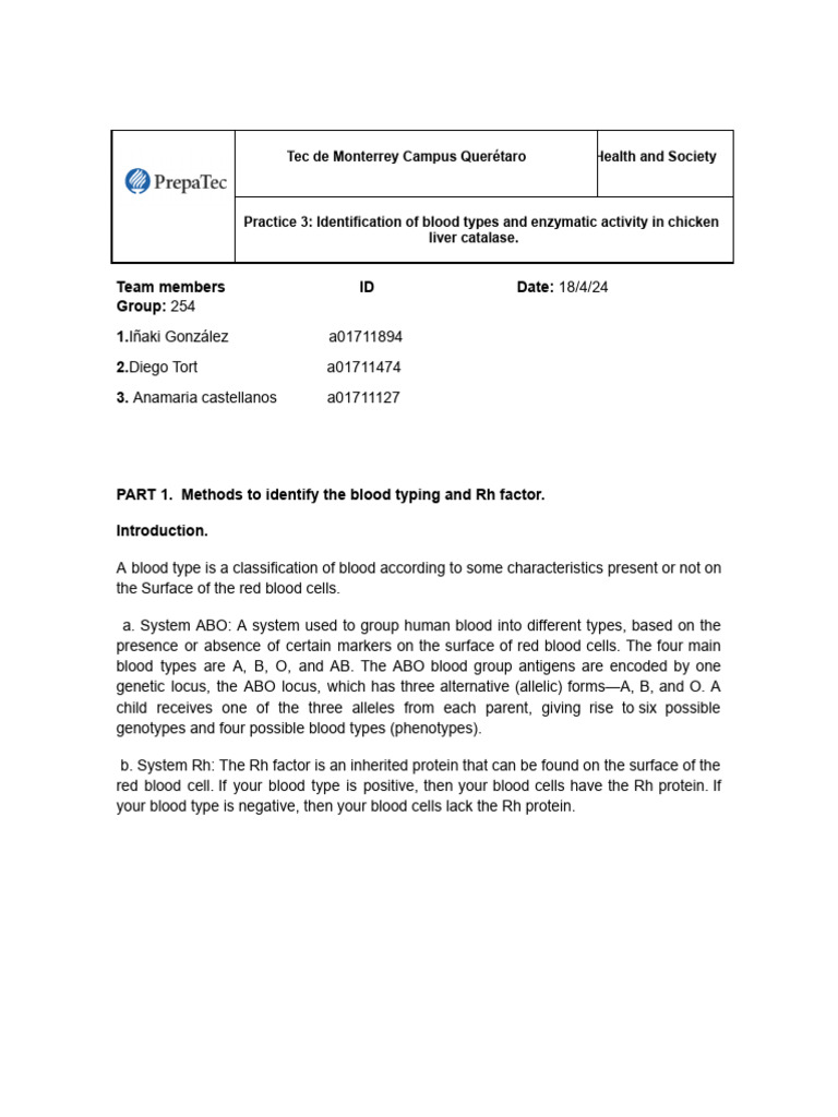 Practice 3 Identification of Blood Types and Enzymatic Activity of ... Practice 3 Identification of Blood Types and Enzymatic Activity of ...