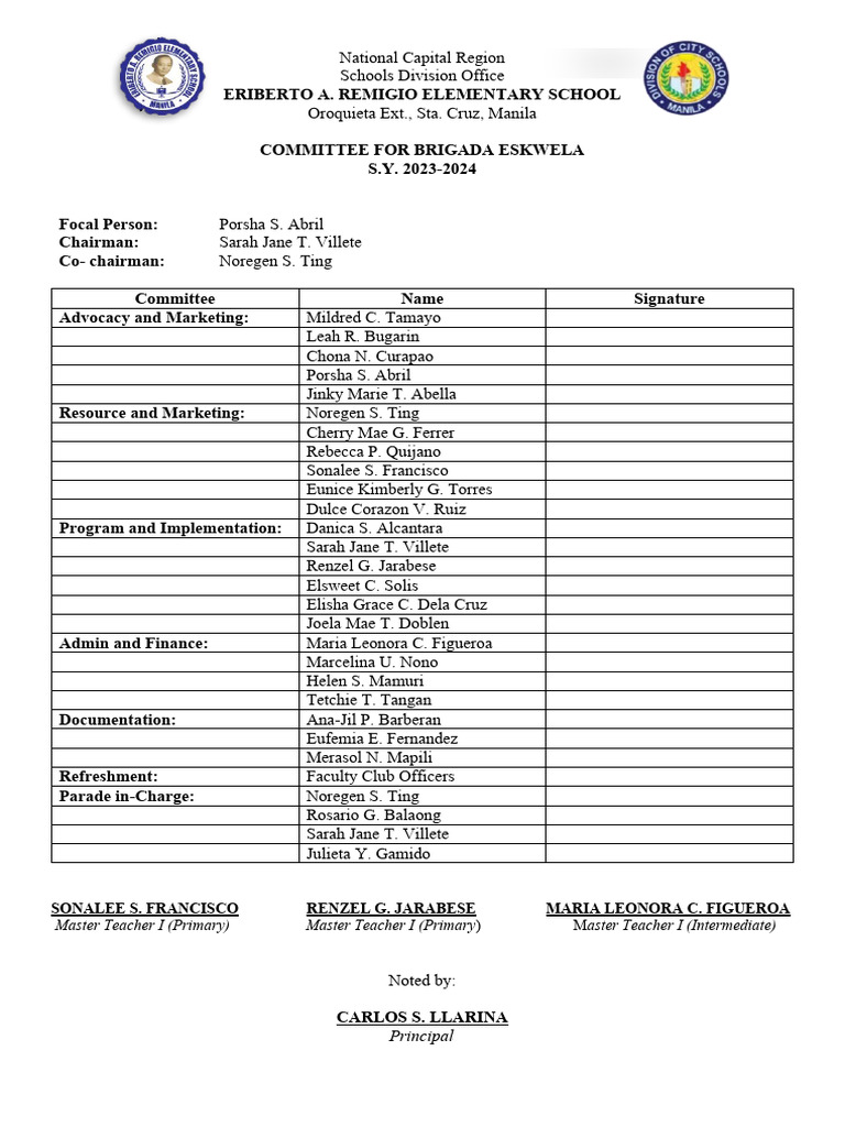 Committee For Brigada Eskwela 2023 | PDF