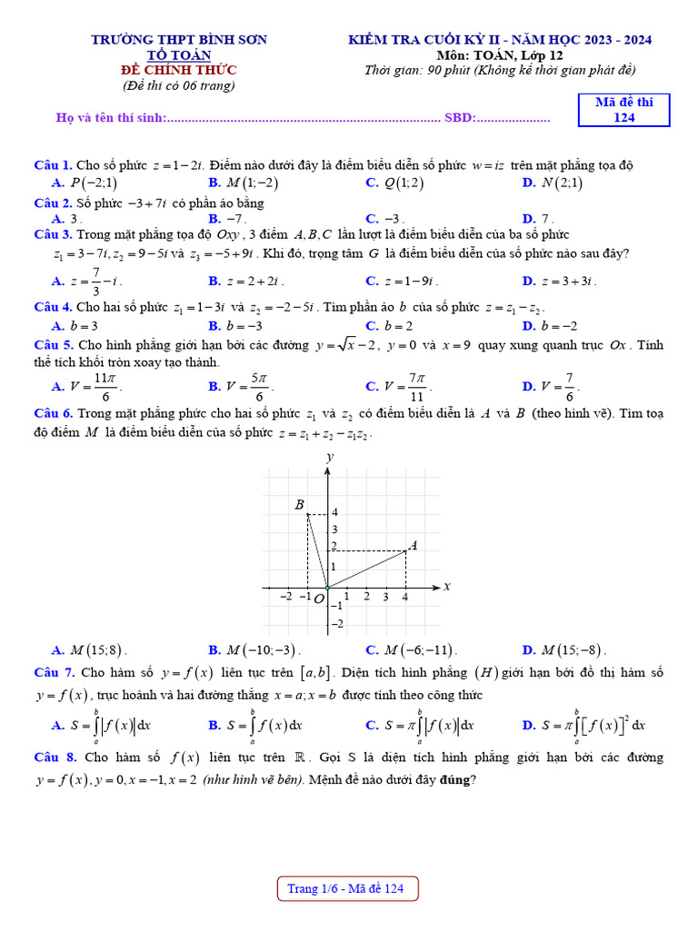 De Cuoi Ky 2 Toan 12 Nam 2023 2024 Truong THPT Binh Son Quang Ngai | PDF