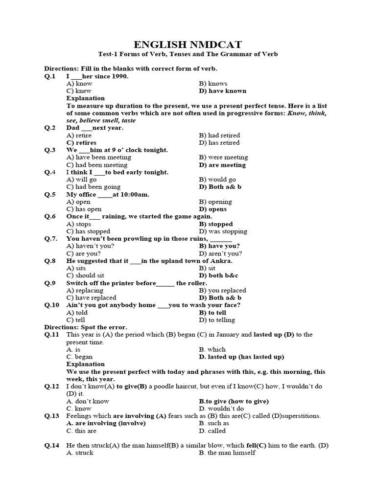 Test 1 Forms Of Verb Tenses And The Grammar Of Verb Pdf Languages