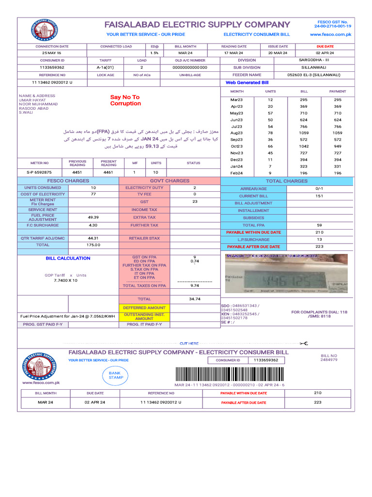 FESCO Electricity Bill Mar 2024 | PDF | Taxes | Fee