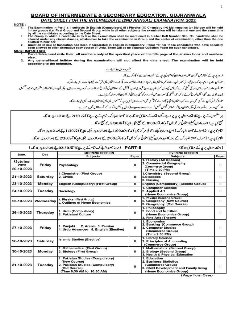 2023 Intermediate Exam Date Sheet | PDF | Educational Stages
