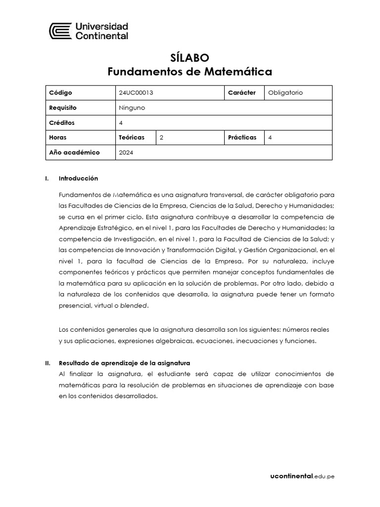 SÍLABO-Fundamentos de Matemática-2024!10! | PDF | Ecuaciones | Matemáticas