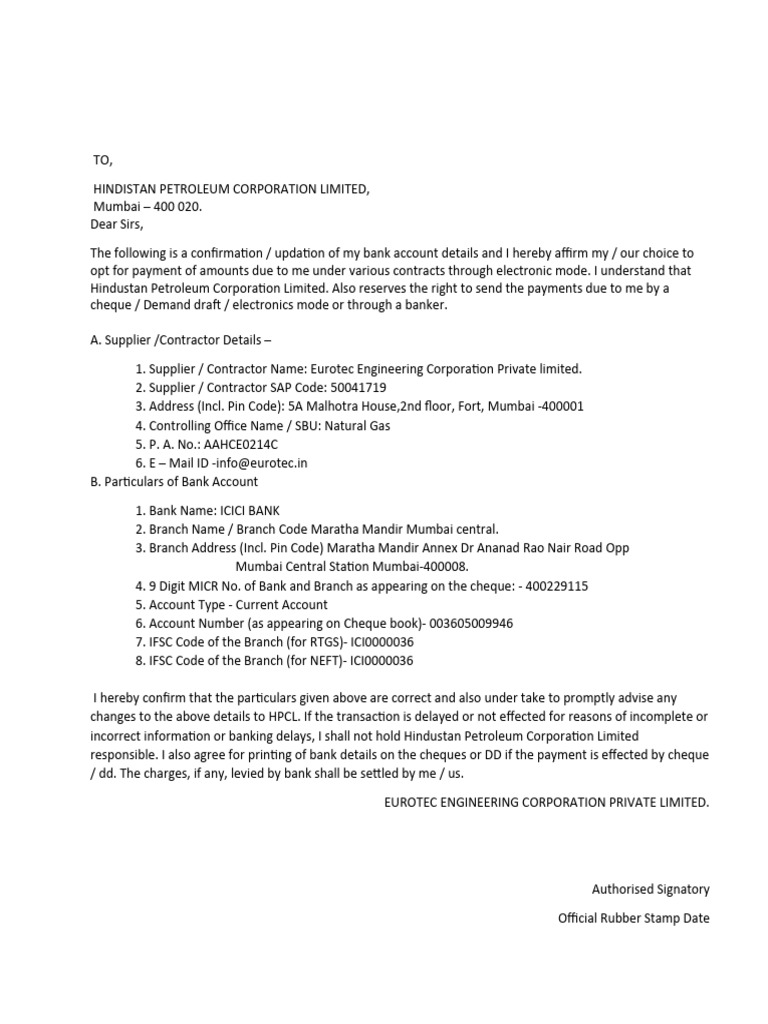 Bank Mandate Format (HPCL) | PDF