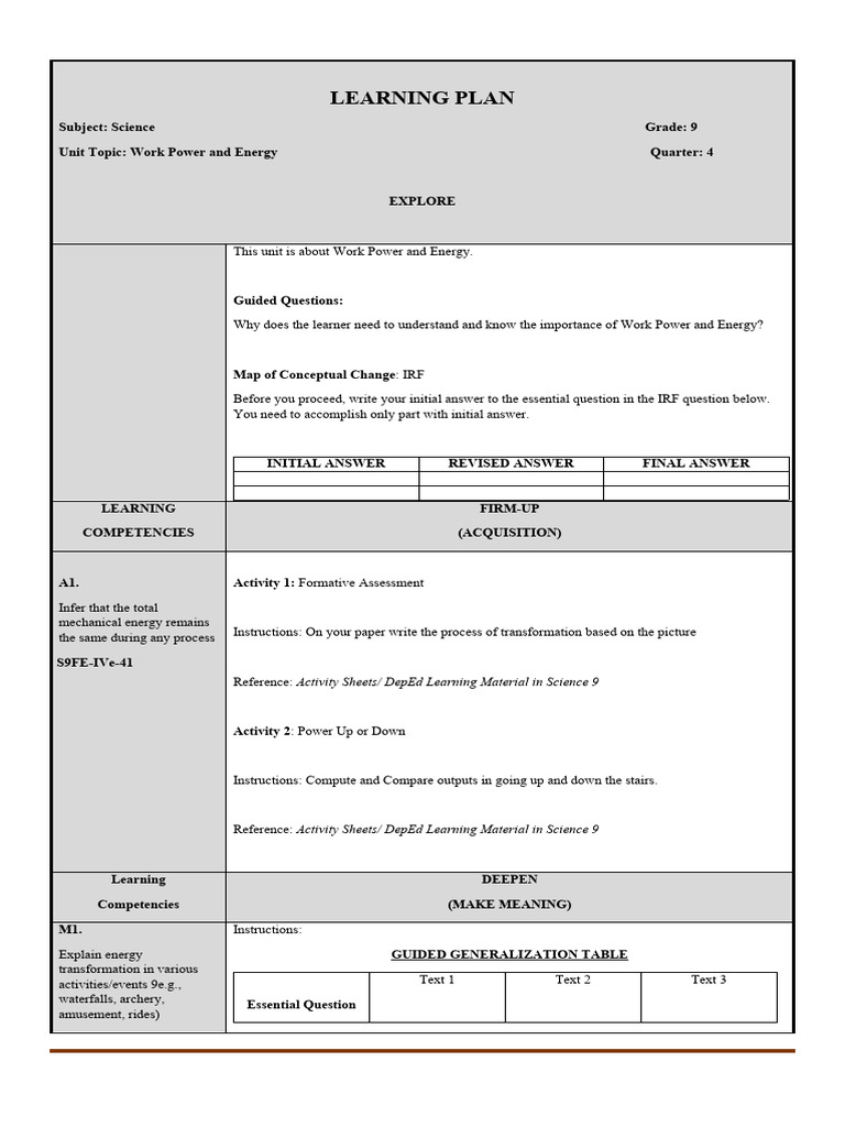 DRAFTLearning-Plan-G10Q1-U1. | PDF | Learning | Science
