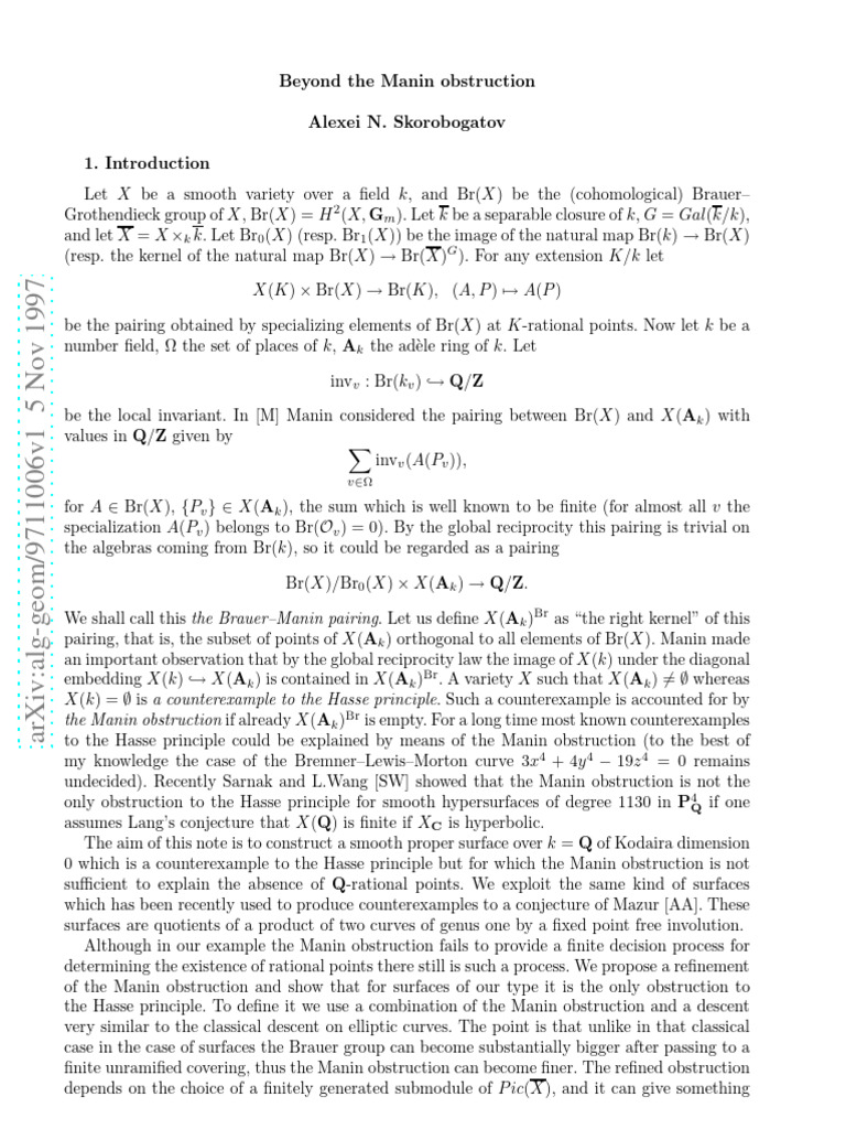 Skorobogatov Bexond The Manin Obstruction | Download Free PDF ...