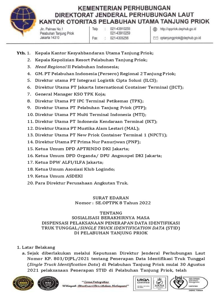 SE OP Priok - Sosialisasi Berakhir Dispensasi STLD - 300322 | PDF | Bisnis