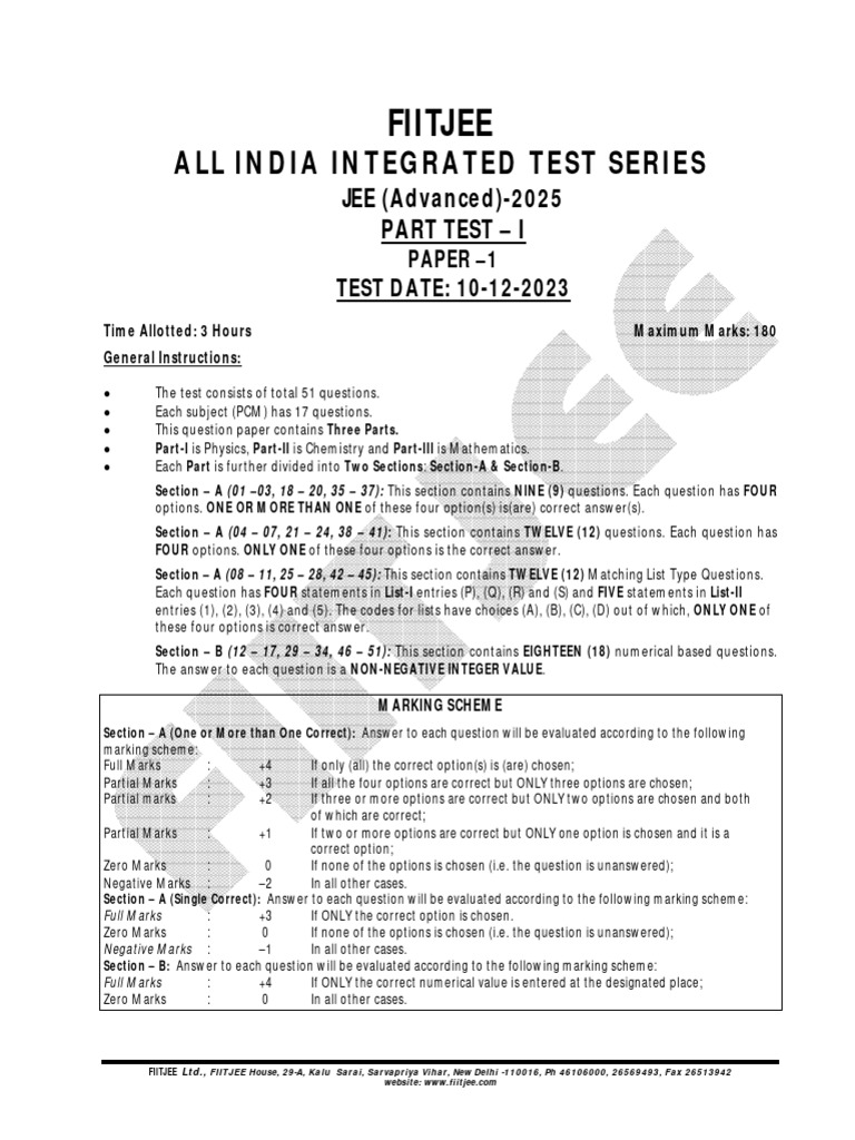 JEE Advanced 2025 AIITS Part Test 1 | PDF | Force | Tension (Physics)