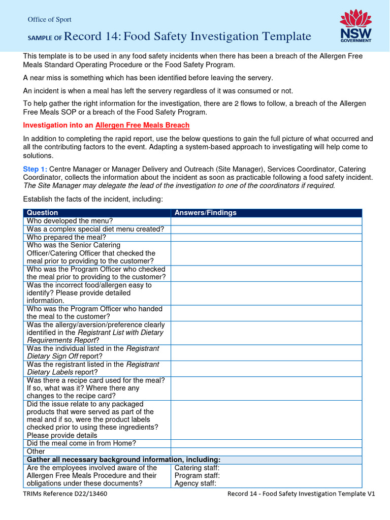Food Safety Incident Investigation Template | PDF | Food Safety ...