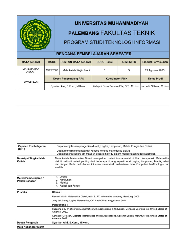 RPS Matematika Diskrit | PDF | Metode & Bahan Ajar