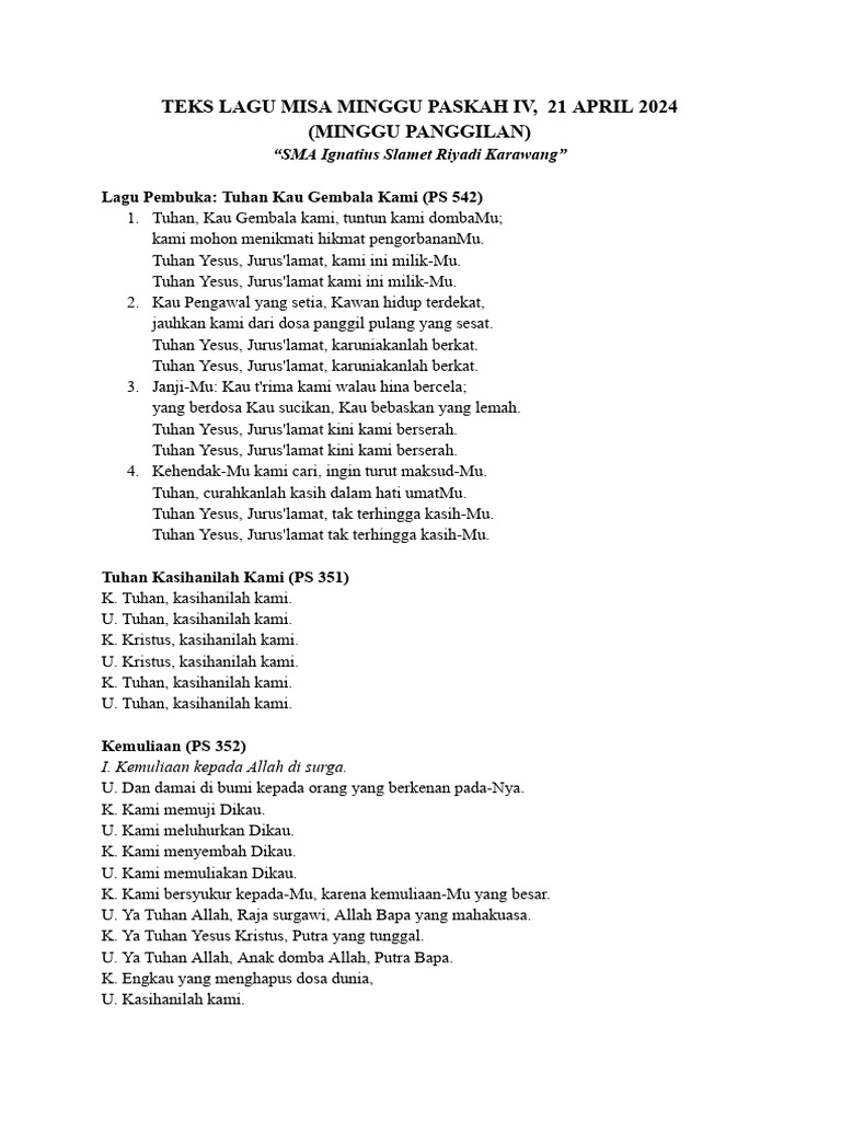 TEKS LAGU MISA MINGGU PASKAH IV_SISWA SMA IGN. SLAMET RIYADI_21 APRIL 2024 | PDF