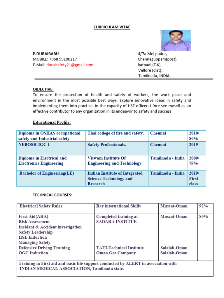 DURAI BABU HSE CV updated - 07.01.2024 | PDF | Occupational Safety And Health | Safety