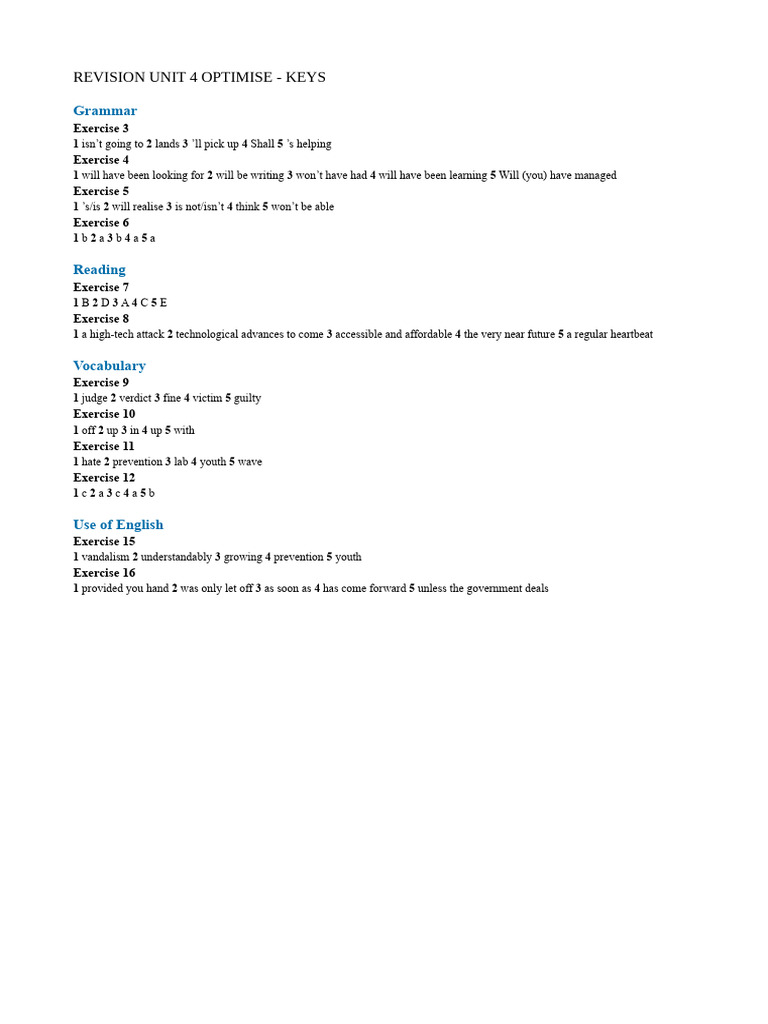Keys-revision Unit 4 | PDF