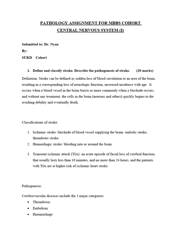 Pathology Preclinic #5 Assignment - CNS | PDF | Stroke | Ischemia