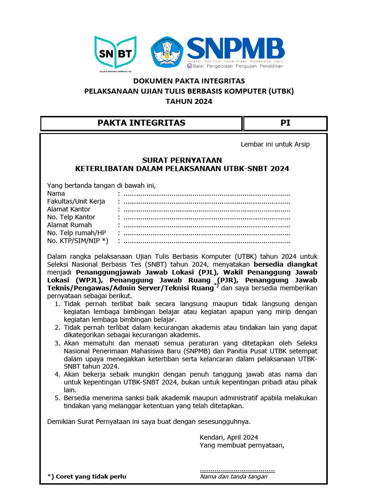 Form Pakta Integritas UTBK-SNBT 2024 | PDF | Seni