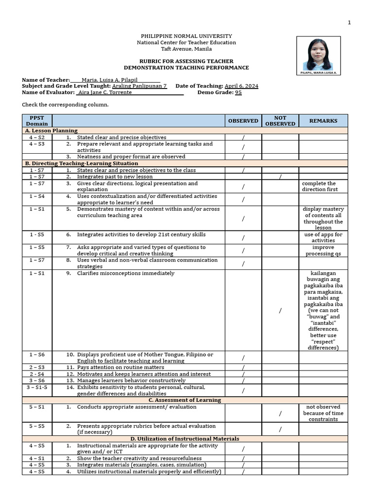 Torrente Demo Teaching Rubric Form Ap Evaluator | PDF | Learning | Teachers