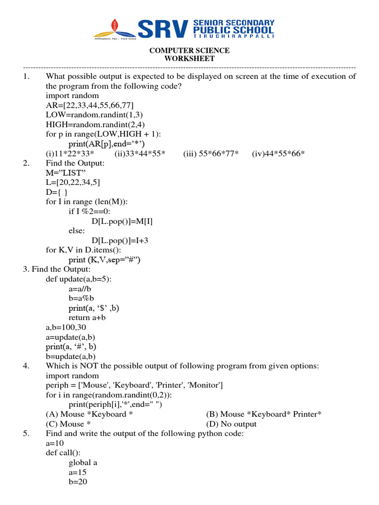 Functions Worksheet-1 | PDF | Computer Keyboard | Human–Computer ...
