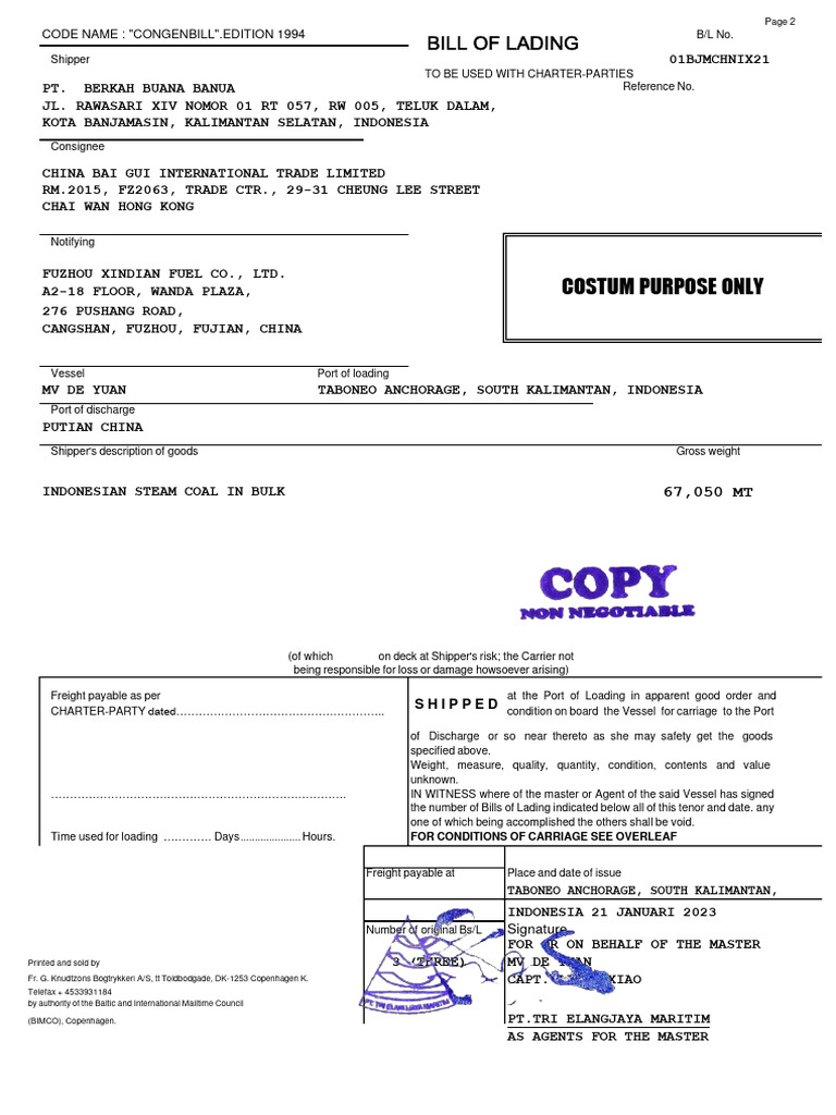 BL MV de Yuan | PDF | Bill Of Lading | Cargo