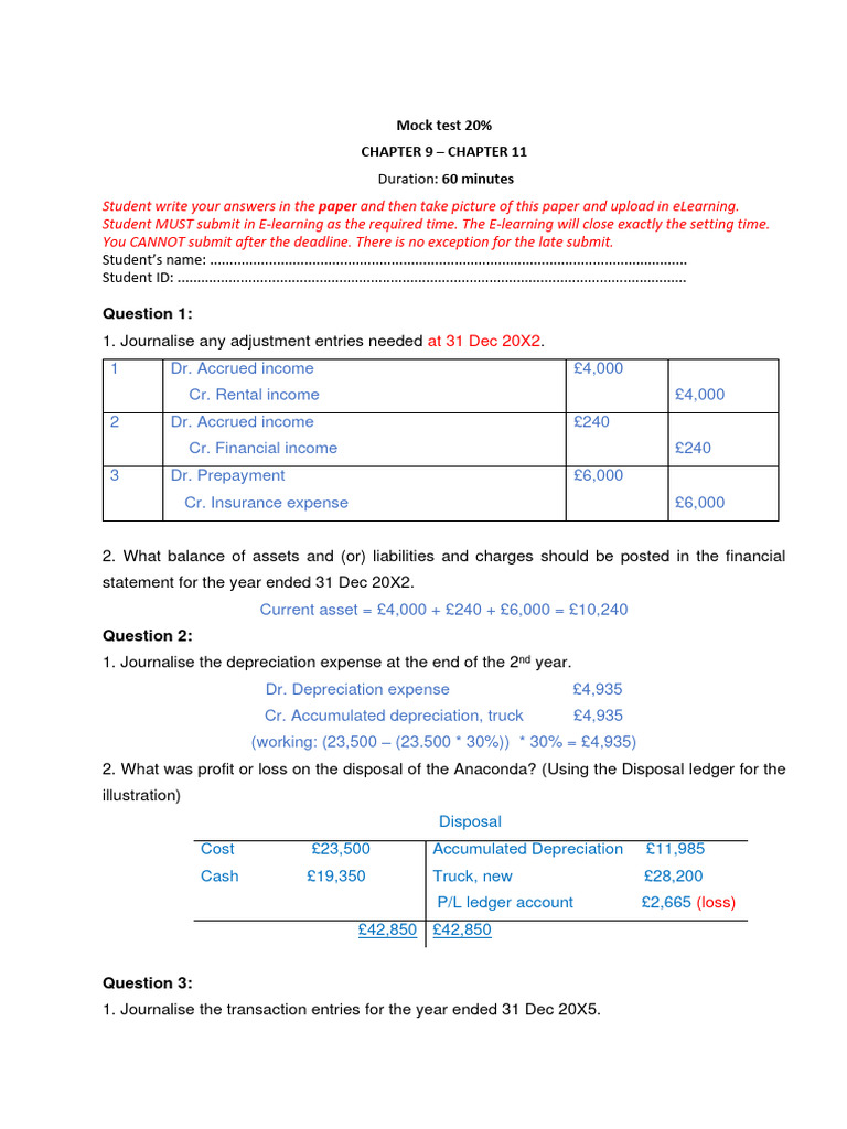 Accounting Mock Test: Journal Entries | PDF | Depreciation | Expense