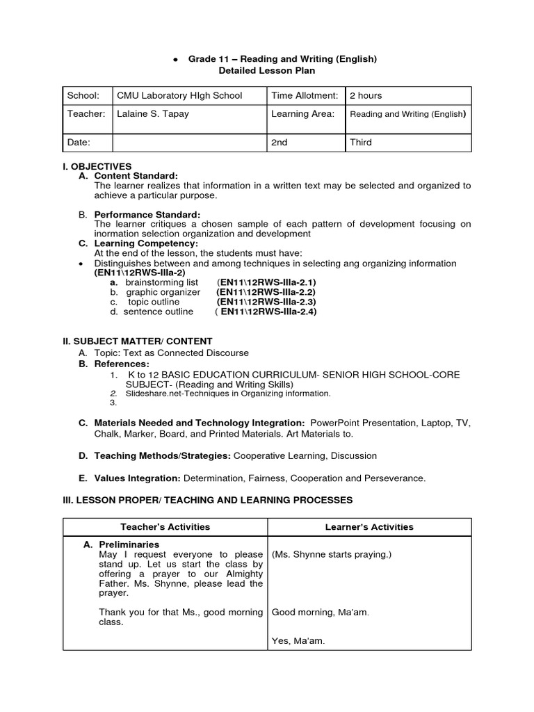 DLP LESSON 2 Tapay - Docx Reading and Writing | PDF | Chart | Brainstorming