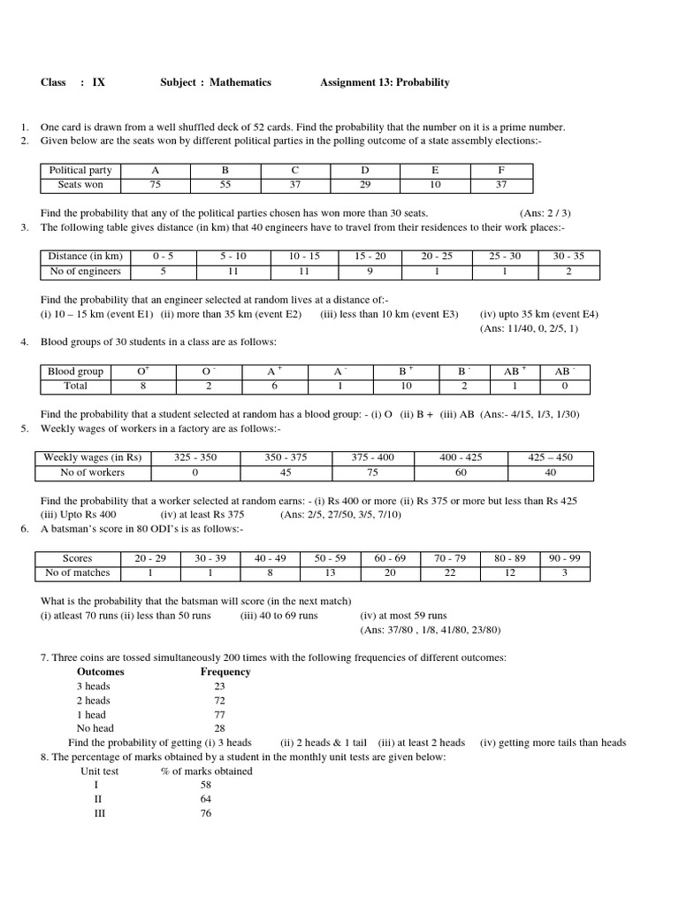 CBSE Class 9 Mathematics Worksheet | PDF | Probability | Odds