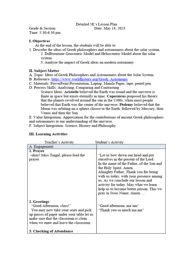 Detailed-5E-Lesson-Plan-Astronomy | PDF | Heliocentrism | Astronomy