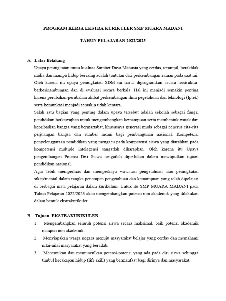Program Kerja Ekstra Kurikuler SMP Muara Madani | PDF | Karier & Perkembangan | Ilmu Sosial
