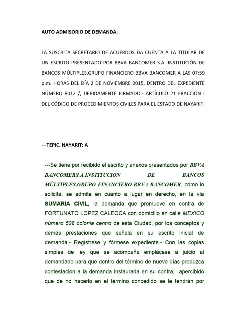 Modelo de Auto Admisorio de Demanda 1.1 | PDF | Sentencia (ley) | Gobierno