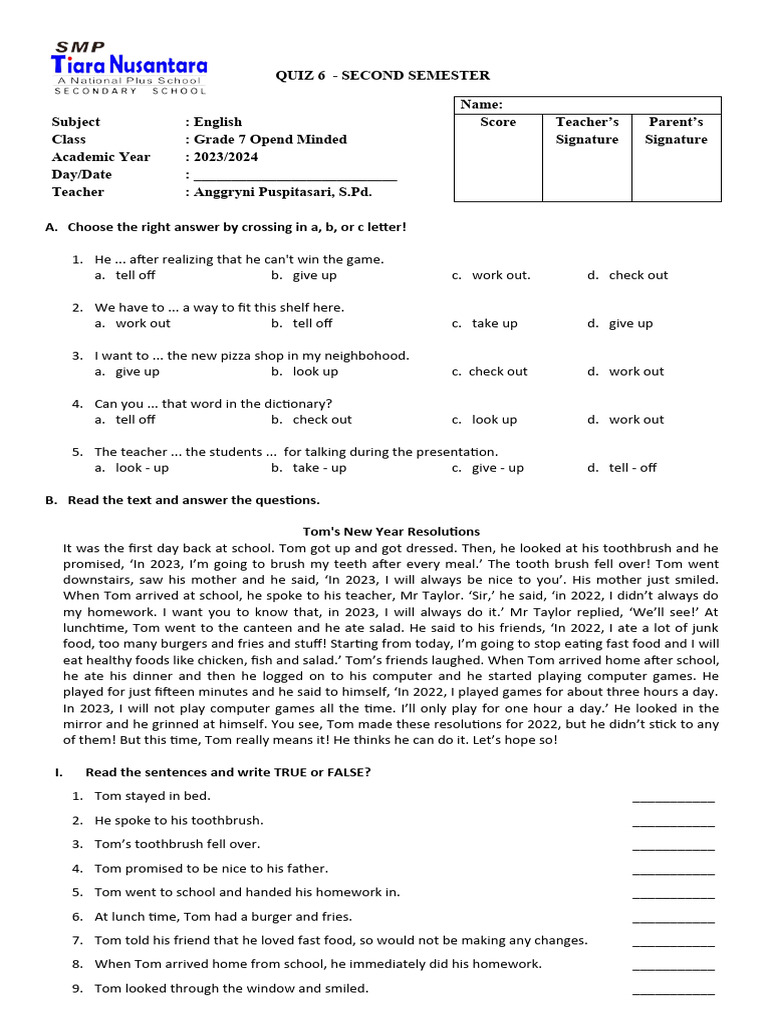 QUIZ 6 English G7 | PDF | Lunch